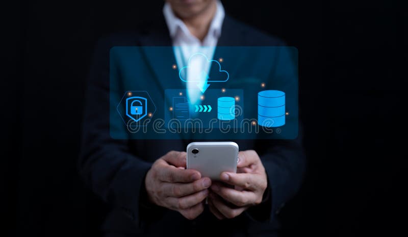 Man Uses a Smartphone To See a Virtual Screen. Cloud Computing. Storing of Data. Concept of ...