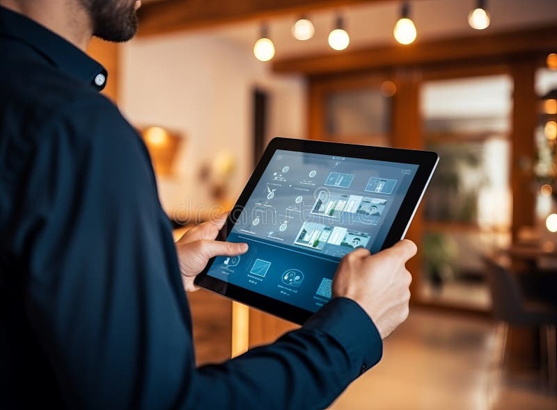 A Man Uses a Tablet To Control His Smart Home System, Showcasing ...