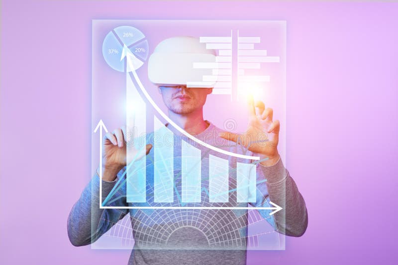 Man Uses a Virtual Reality Headset To Work with Data in the Form of ...