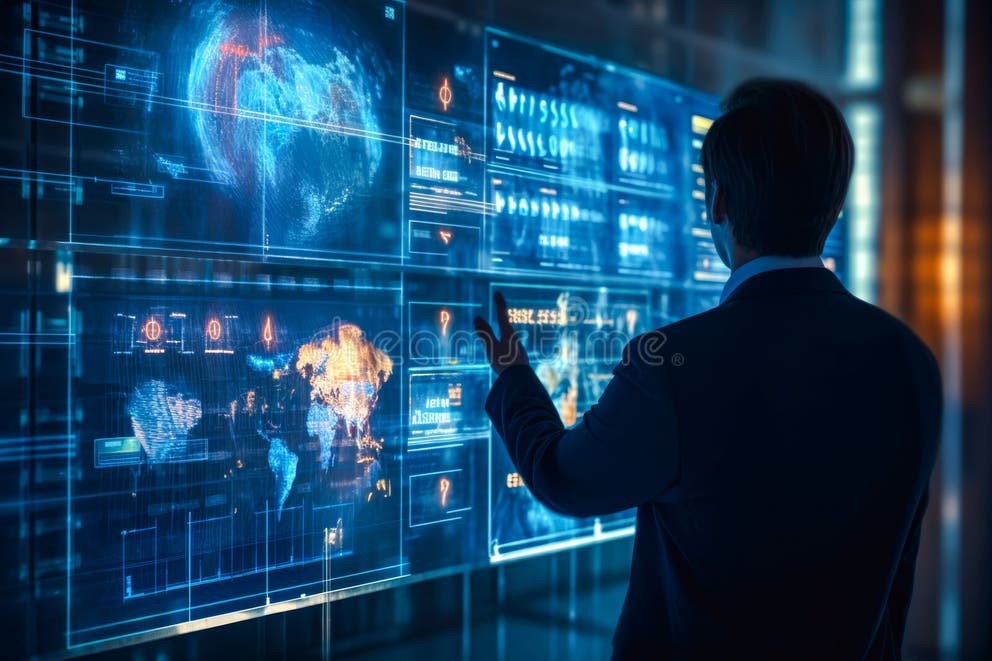 A Man Using Advanced Touchscreen Digital Holographic Virtual Displays ...