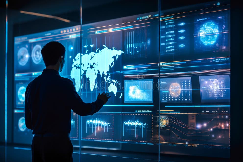 A Man Using Advanced Touchscreen Digital Holographic Virtual Displays ...