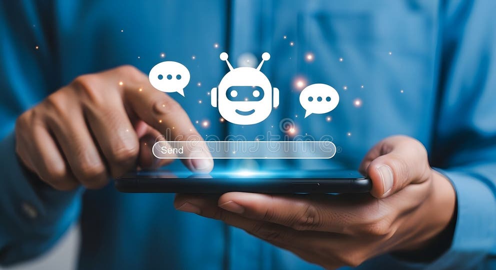 Man Using AI Chatbot on Smartphone with Virtual Assistant Interface Stock Illustration ...