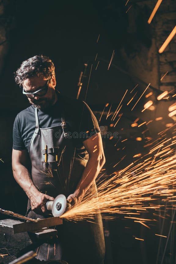 Man Using Angle Grinder Sparks Stock Image - Image of metal, machines ...