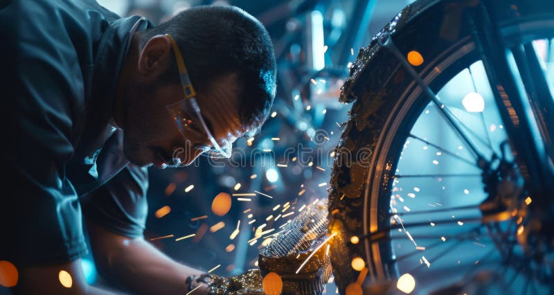 Man Using Angle Grinder To Work on Bicycle Wheel in Workshop with ...