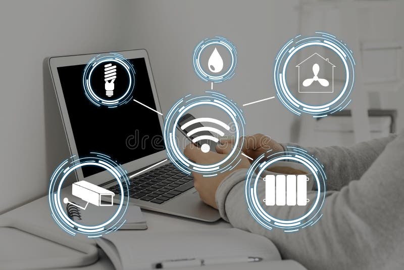 Man Using Application on Mobile Phone To Control Smart Home. Automatic ...