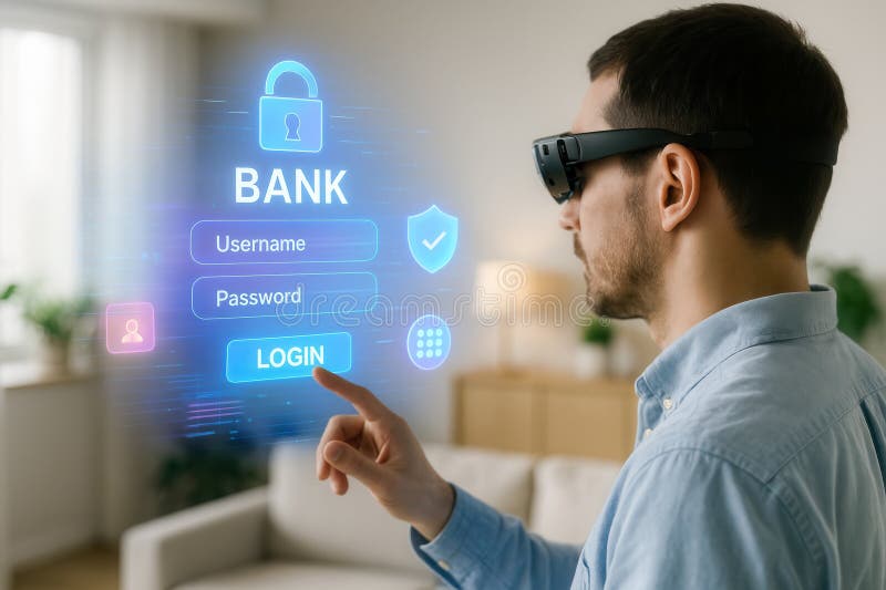 Man Using AR Glasses To Log into Virtual Bank Interface Stock ...