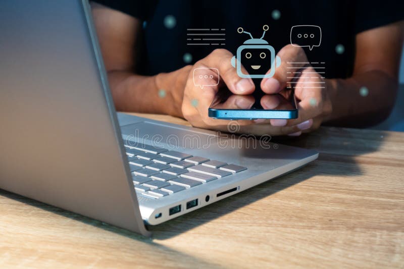 A Man Using Artificial Intelligence Chatbot in a Smart Phone. Text To Image, Speech, with ...