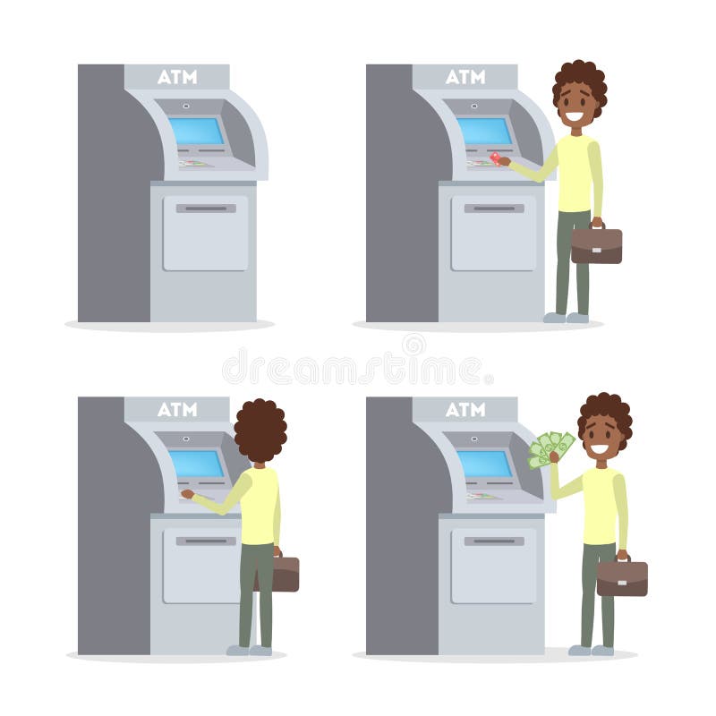 Man Using ATM Machine and Gets Money Stock Vector - Illustration of ...