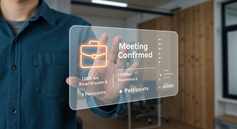 Man Using Augmented Reality Display for Meeting Confirmation and ...