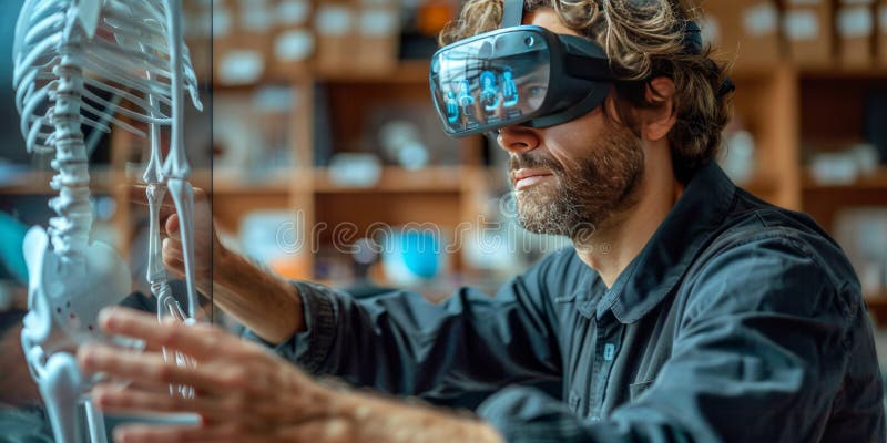 Man Using an Augmented Reality Study a Human Skeleton Model ...