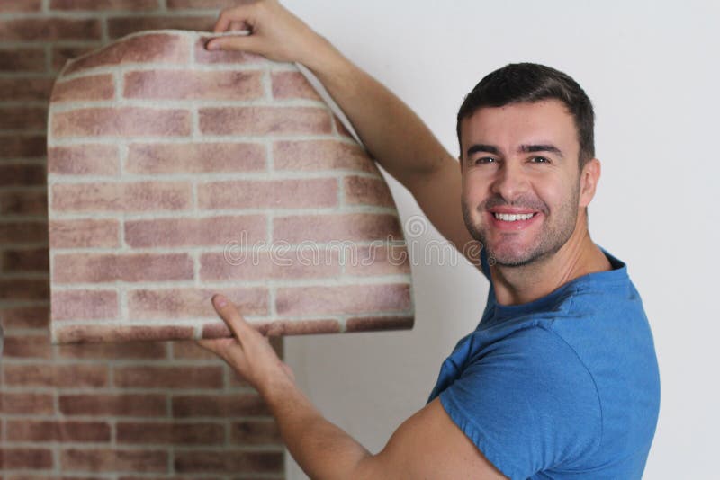 Man Using Brick Wall Style Wallpaper Stock Image - Image of design ...