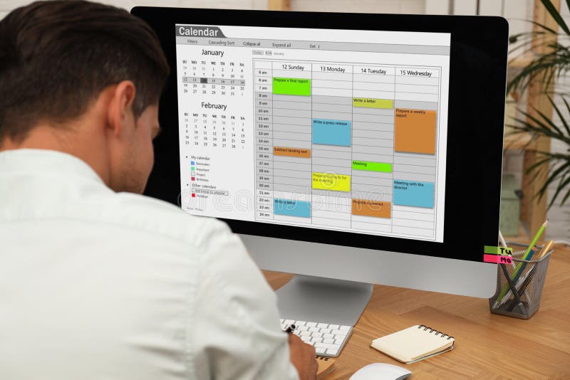 Man Using Calendar App on Computer Stock Image - Image of remind ...