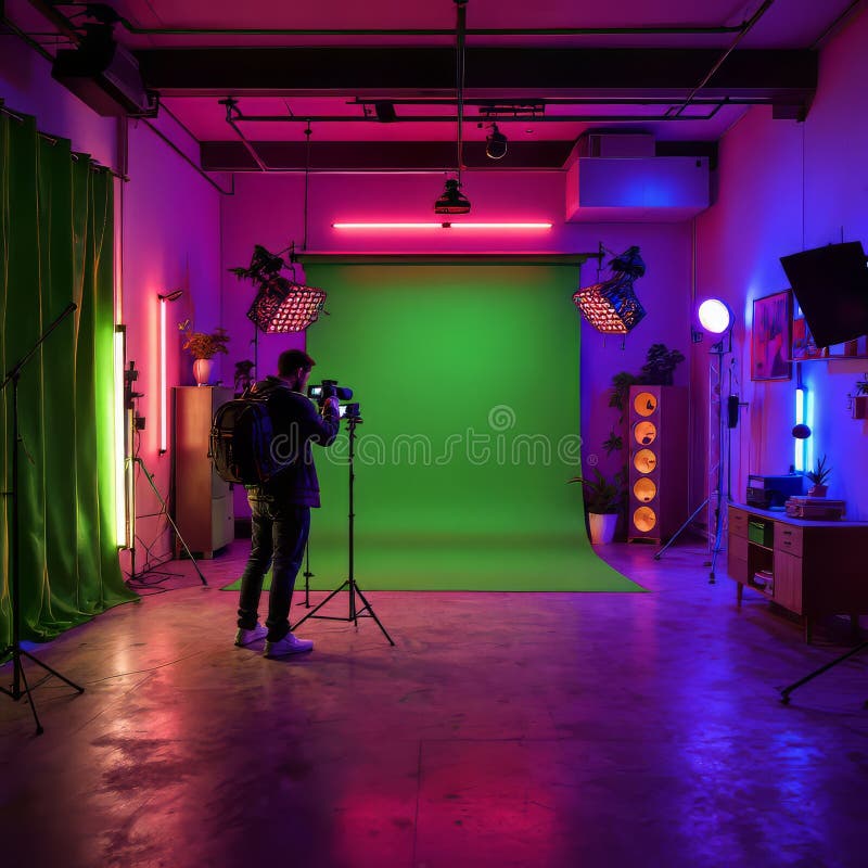 Man Using Camera in Vibrant Studio with Green Screen and Modern ...