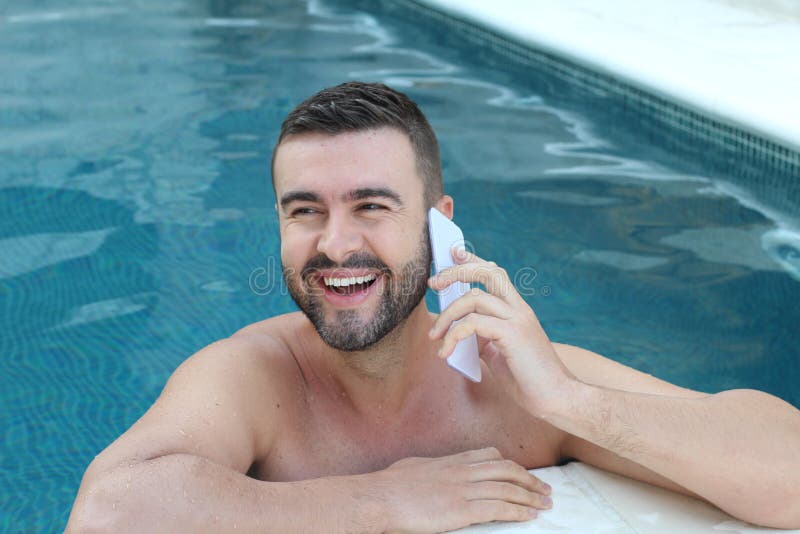 Man Using Cellphone in Swimming Pool Stock Image - Image of business ...
