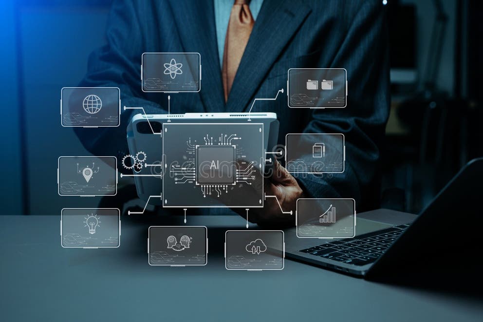 Man Using Chatbot in Computer and Tablet Smart Intelligence Ai.Chat with AI Artificial ...