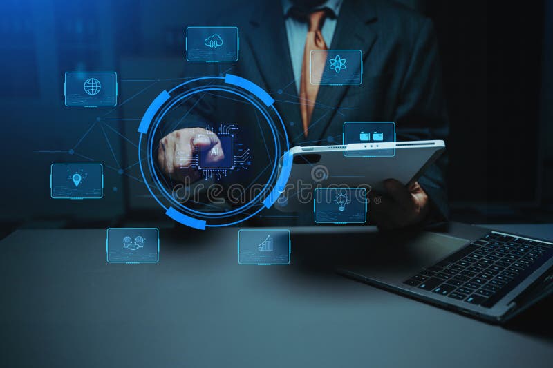 Man Using Chatbot in Computer and Tablet Smart Intelligence Ai.Chat ...