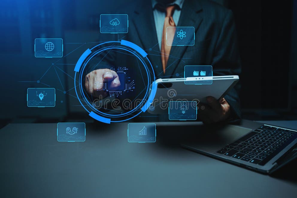 Man Using Chatbot in Computer and Tablet Smart Intelligence Ai.Chat with AI Artificial ...