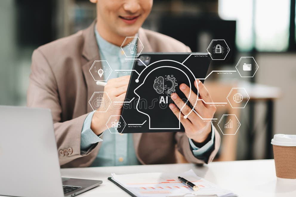 Man Using Chatbot in Computer and Tablet Smart Intelligence Ai.Chat with AI Artificial ...