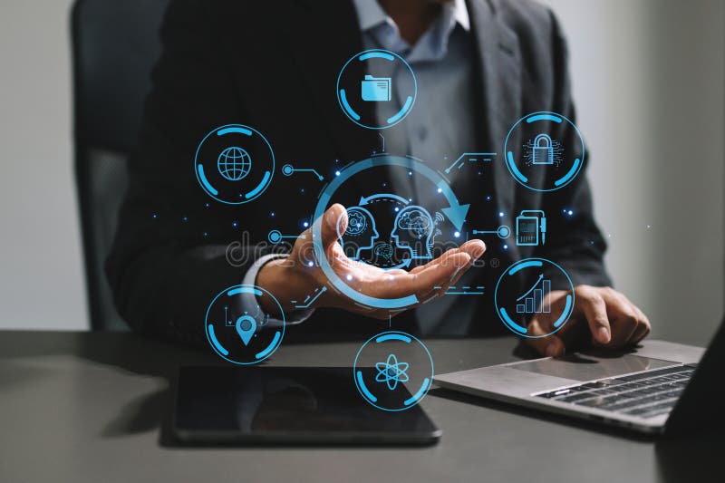 Man Using Chatbot in Computer and Tablet Smart Intelligence Ai.Chat with AI Artificial ...