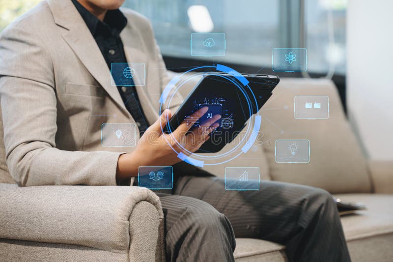 Man Using Chatbot in Computer and Tablet Smart Intelligence Ai.Chat with AI Artificial ...