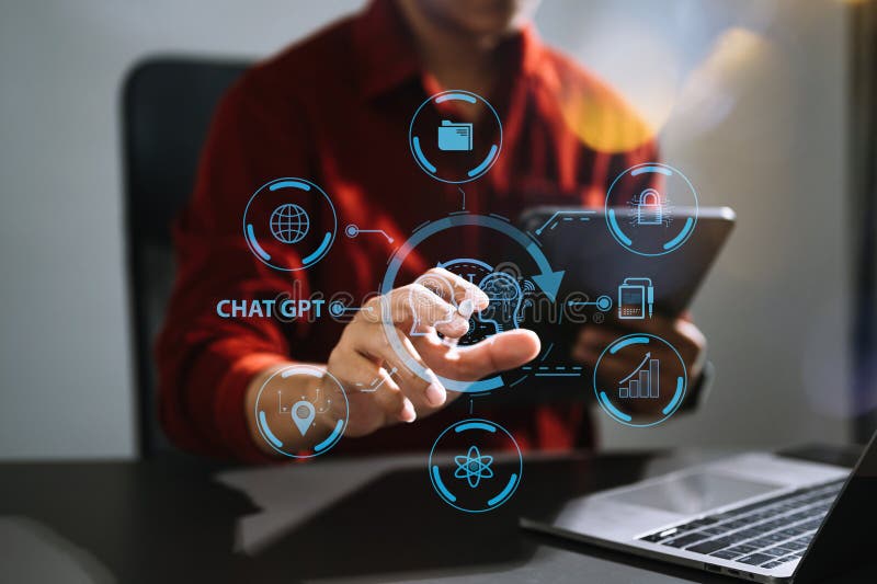 Man Using Chatbot in Computer and Tablet Smart Intelligence Ai.Chat with AI Artificial ...