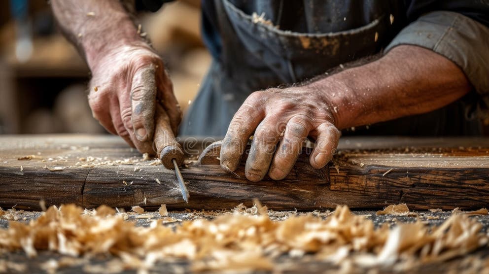 A Man is Using a Chisel To Cut Wood on the Table, AI Stock Photo ...