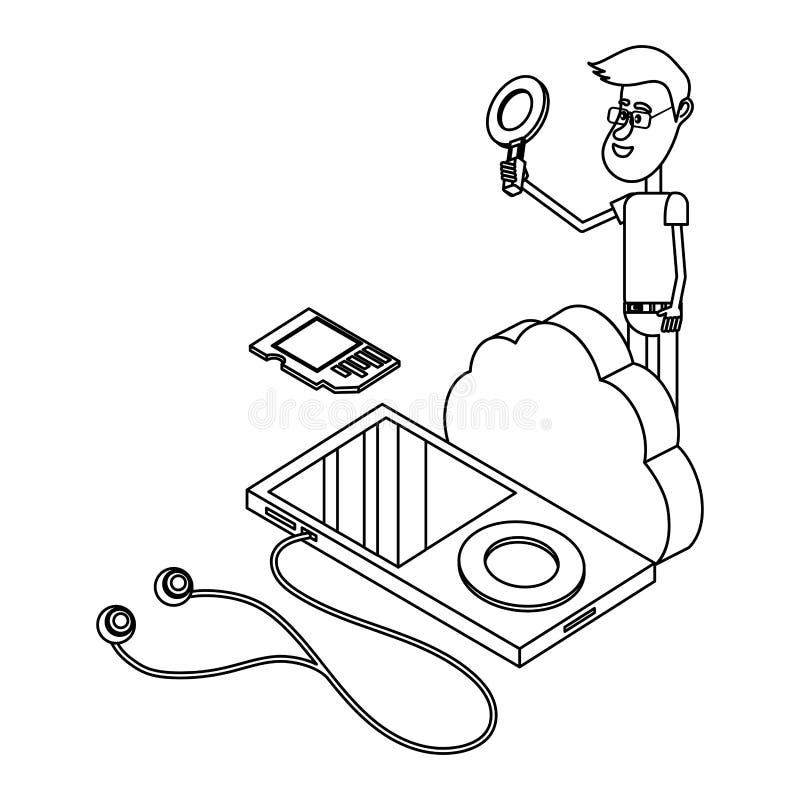 Man and Cloud Computing Black and White Stock Vector - Illustration of network, download: 131165037