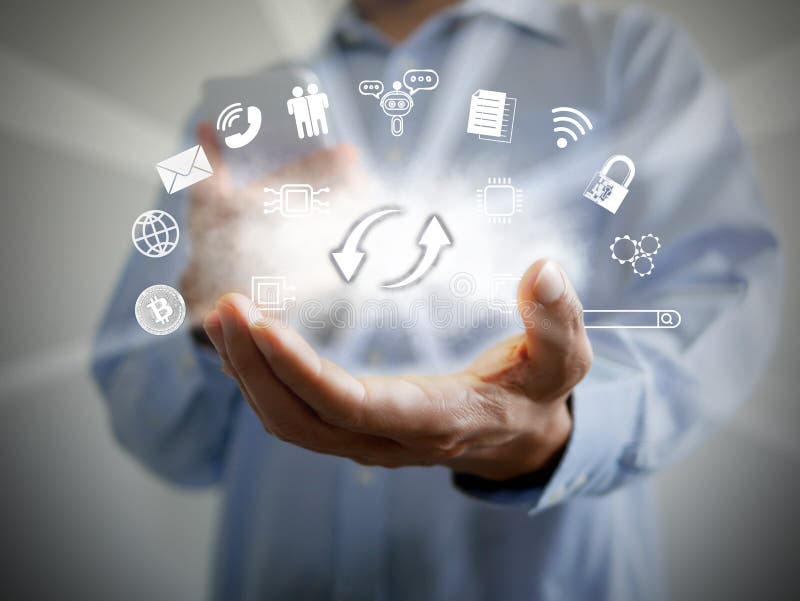 A Man Using Cloud Storage or Technology with Up and Down Arrows for ... A Man Using Cloud Storage or Technology with Up and Down Arrows for ...