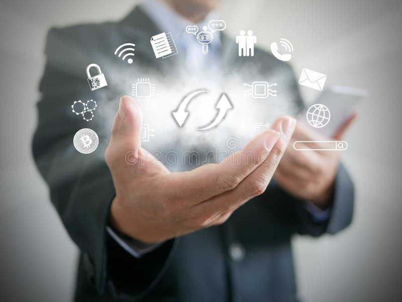 A Man Using Cloud Storage or Technology with Up and Down Arrows for ... A Man Using Cloud Storage or Technology with Up and Down Arrows for ...