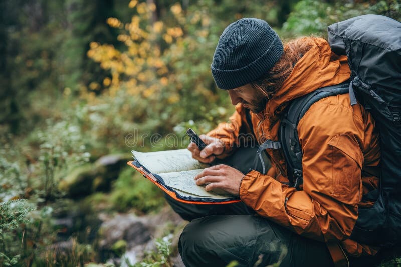 A Man Using a Compass while Studying a Map in the Woods Stock ...