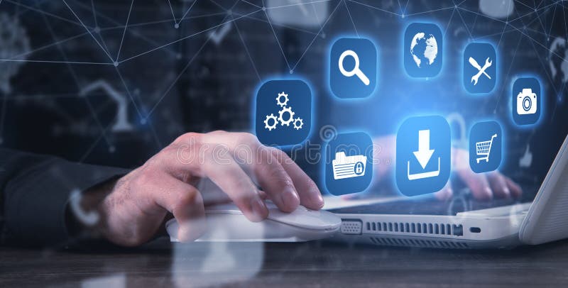Man Using Computer. App Icons with a Download Symbol. Development of ...