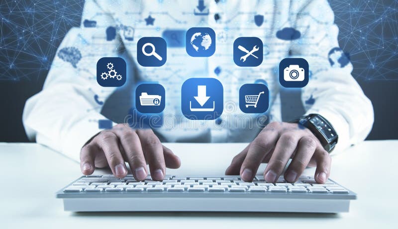 Man Using Computer. App Icons with a Download Symbol. Development of ...