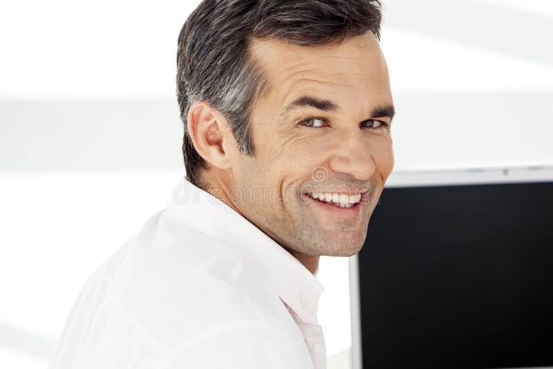 Man Using Computer - Businessman with Laptop - Close Up Portrait Stock ...