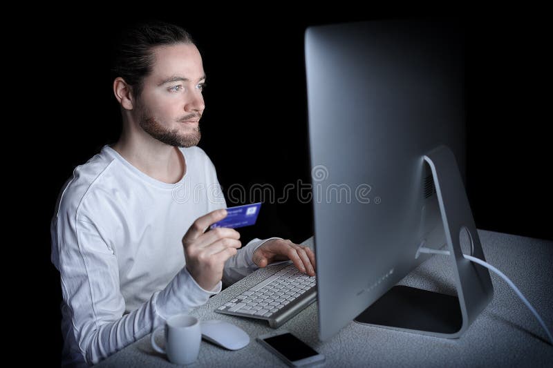Man Using Computer and Credit Card Stock Photo - Image of debit, paying ...