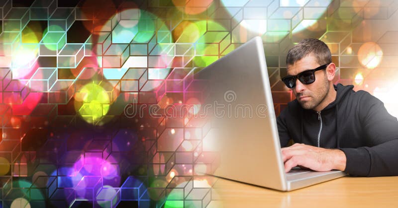 Man Using Computer with Geometric Transition Stock Photo - Image of ...