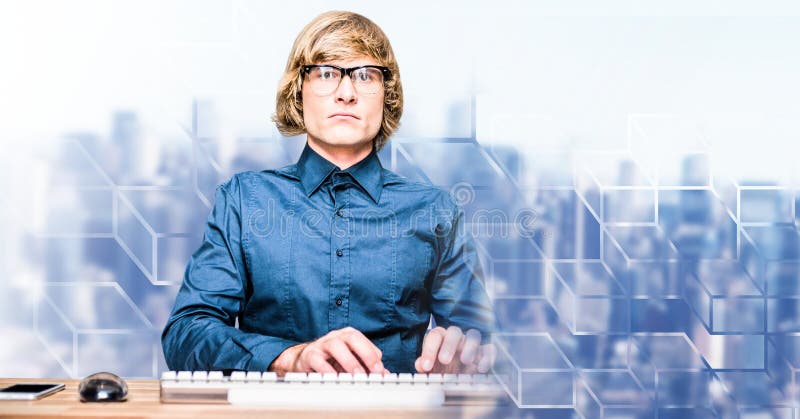 Man Using Computer with Geometric Transition Stock Image - Image of ...