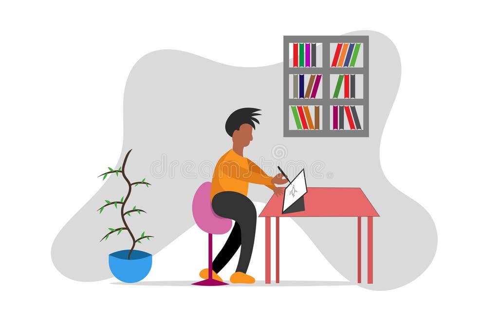 Man Using Computer or Graphic Tablet Vector Flat Landscape Design Stock ...