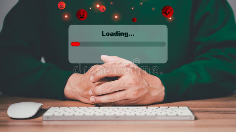 Man Using a Computer Keyboard To Download and Waiting To Loading Digital Business Data Form ...