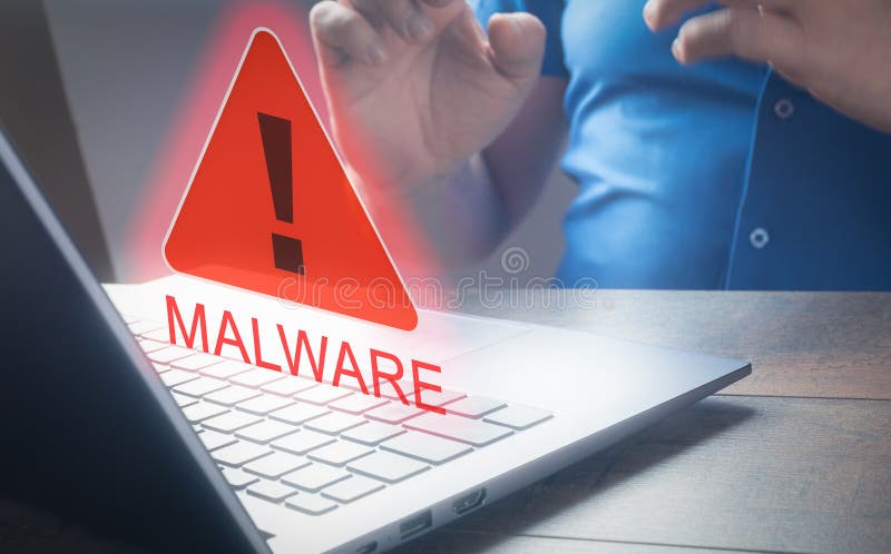 Man Using Computer Laptop With Caution Warning Sing For Notification Error And Virus Detection