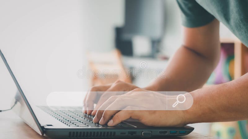Man Using Computer Laptop To Searching for Information with Blank ...