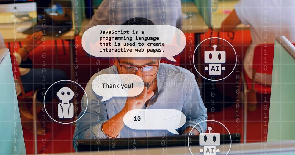 Man Using Computer, Learning JavaScript Programming Language with AI Assistance Editorial Image ...