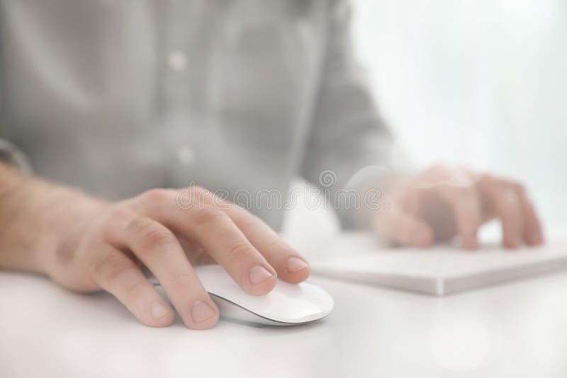 Man Using Computer Mouse at Desk, Closeup Stock Photo - Image of ...