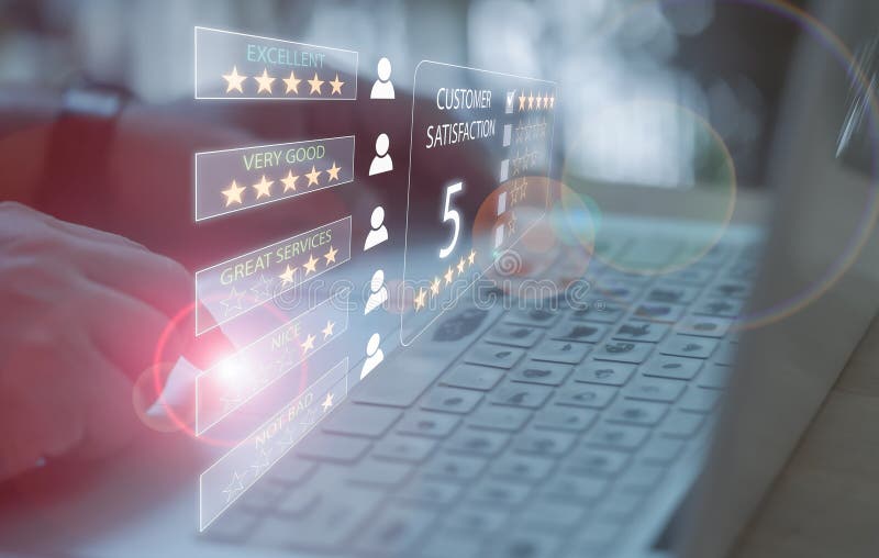 Man Using a Computer Notebook with Popup Five Star Icon for Feedback ...