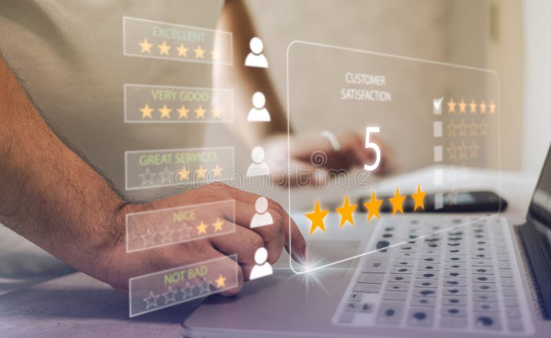 Man Using Computer Notebook with Popup Five Star Icon for Review ...