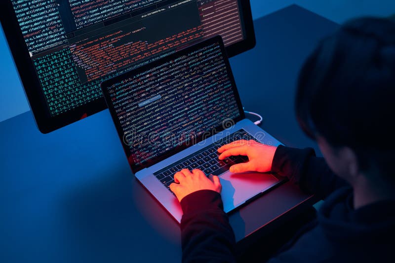 Man Using Computer And Programming To Break Code Cyber Security Threat Internet And Network