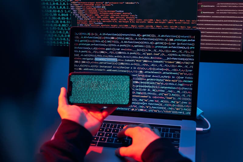 Man Using Computer And Programming To Break Code Cyber Security Threat