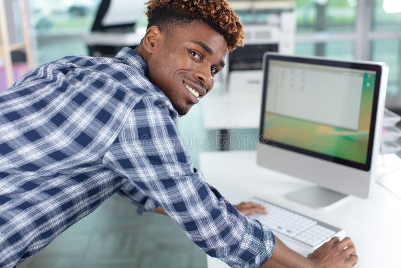 Man Using Computer and Smiling Stock Image - Image of table, human ...