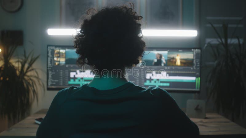Man Using Computer To Edit Footage in Evening Stock Photo - Image of ...