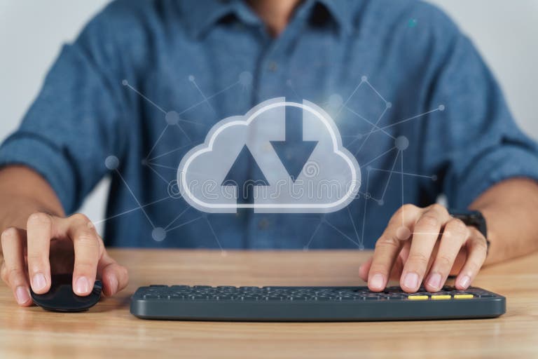Man Using Computer with Virtual Cloud Computing with Connection Line.Cloud Computing System for ...