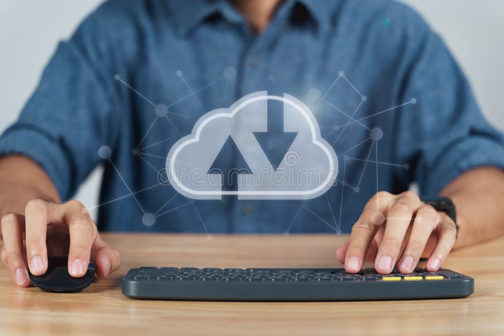 Man Using Computer with Virtual Cloud Computing with Connection Line.Cloud Computing System for ...